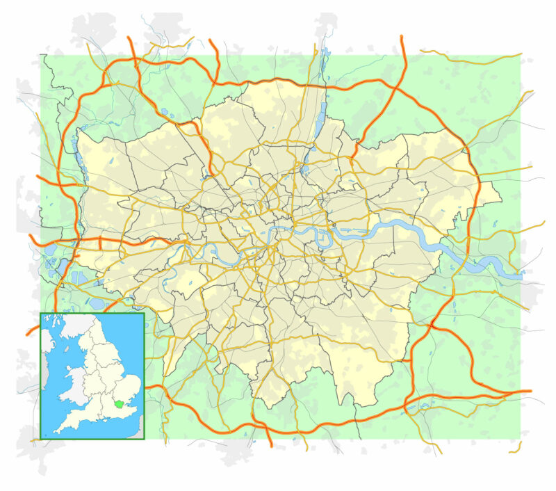 London Map Greater UK Printable Vector exact City Plan 100 m scale in 2 ...