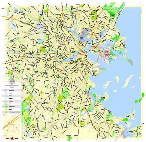 Boston PDF Map, Massachusetts, US, exact vector street G-View Plan City ...