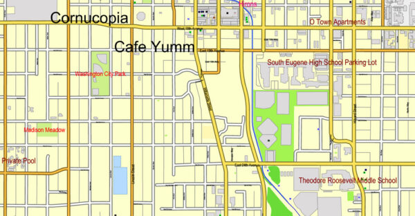 Eugene + Springfield Oregon Printable Map, US, exact vector street City ...