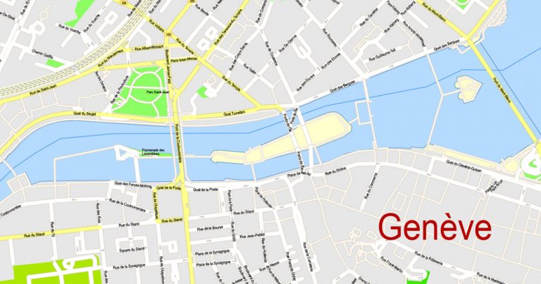Geneva / Geneve Printable Map, Switzerland, exact vector street G-View ...