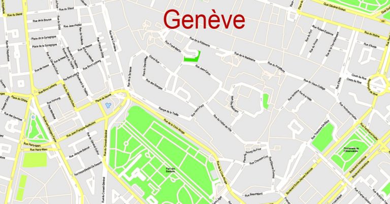 Geneva / Geneve Printable Map, Switzerland, exact vector street G-View ...