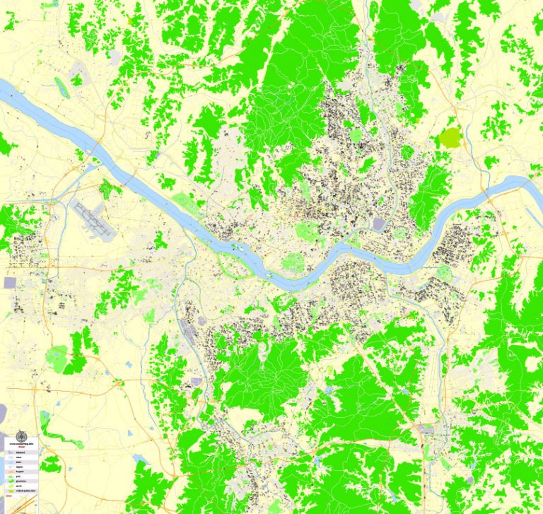 Seoul Printable Map, South Korea, exact vector City Plan 100 meters ...