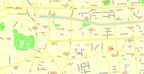 Seoul Printable Map, South Korea, exact vector City Plan 100 meters ...