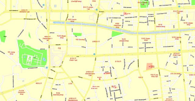 Seoul Printable Map, South Korea, exact vector City Plan 100 meters ...