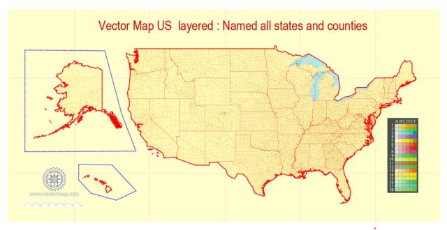 Printable US Map States and Counties, all names exact vector Illustrator