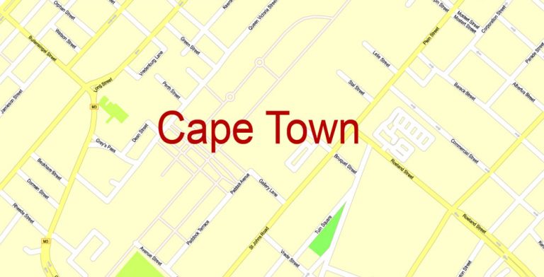 Cape Town Printable Map, South Africa, exact vector Map street G-View ...