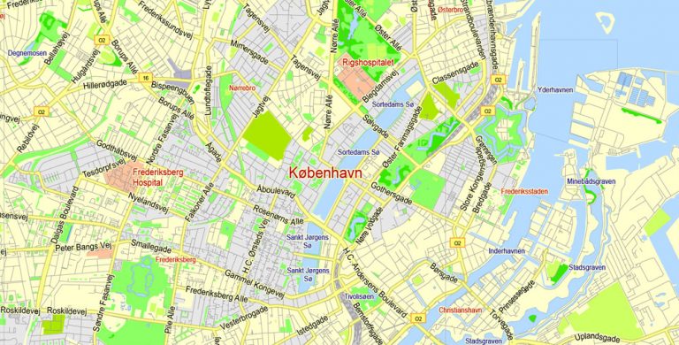 Copenhagen / København PDF Vector Map, Denmark, G-View level 13 (1000 m scale) street City Plan ...