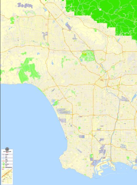 Los Angeles Printable Map, California, US, exact vector Map street G ...