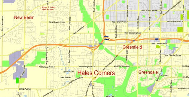 Milwaukee Metro Area Printable Map, Wisconsin, US, exact vector street ...
