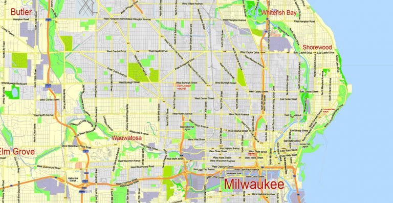 Milwaukee Metro Area Printable Map, Wisconsin, US, exact vector street ...