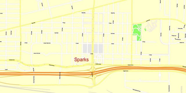 Reno Printable Map, Nevada, US, exact vector Map City Plan 100 meters ...