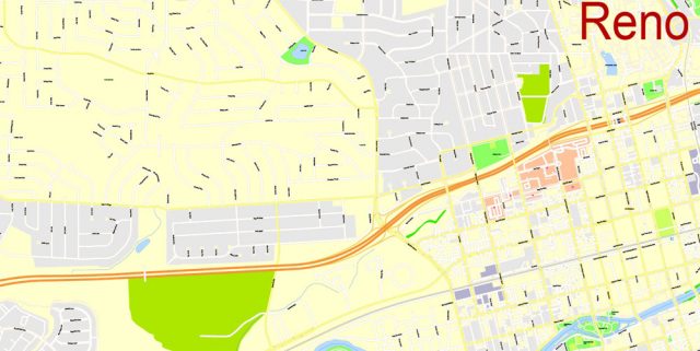 Reno Printable Map, Nevada, US, exact vector Map City Plan 100 meters ...
