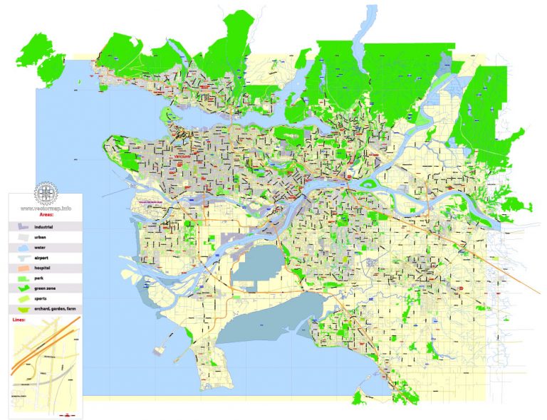 Vancouver Metro Area Printable Map, Canada, exact vector Map street G ...