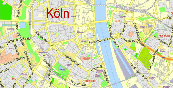 Cologne Köln + Bonn PDF Printable Vector Map, Germany, G-View level 13 (2000 m scale) street ...
