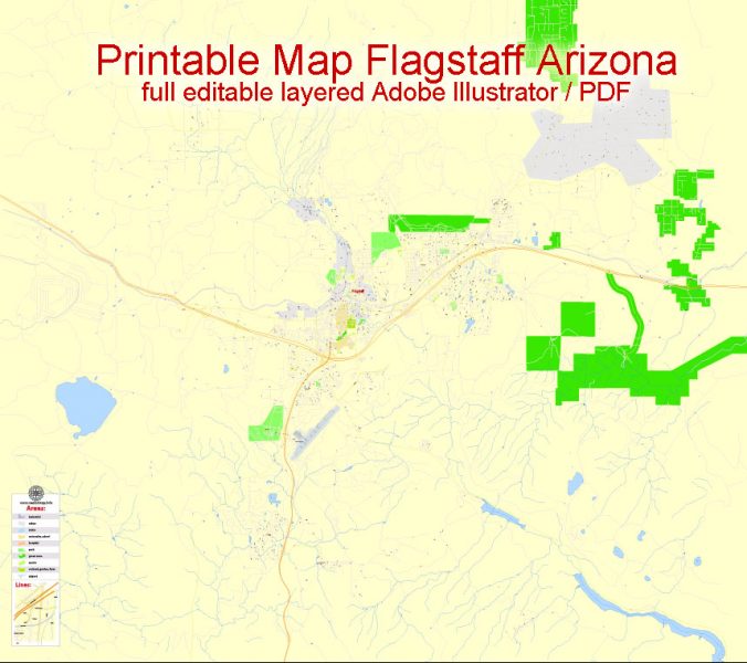 Flagstaff Printable Map, Arizona, US, exact vector Map street G-View ...