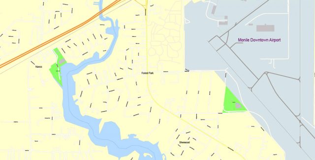 Mobile Printable Map, Alabama, US, exact vector Map street G-View City ...