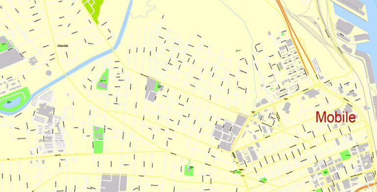 Mobile PDF Map, Alabama, US, exact vector Map street G-View City Plan ...
