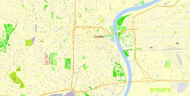 Omaha Printable Map, Nebraska, US, exact vector Map street G-View City ...