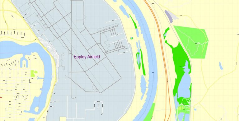 Omaha Printable Map, Nebraska, US, exact vector Map street G-View City ...