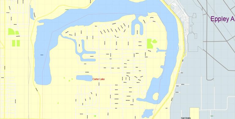 Omaha Printable Map, Nebraska, US, exact vector Map street G-View City ...