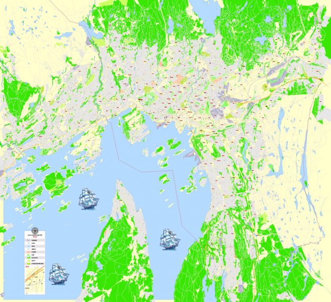 Oslo Printable Vector Map, Norway, G-View level 17 (100 m scale) street ...