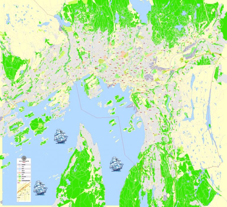 Oslo PDF Vector Map, Norway, G-View level 17 (100 m scale) street City Plan map, full editable ...