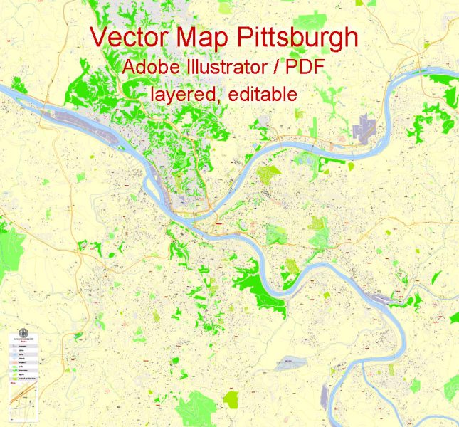 Pittsburgh PDF Printable Map, Pennsylvania, US, exact vector Map street ...