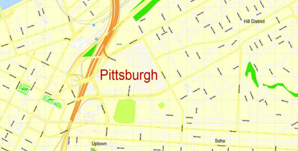 Pittsburgh Printable Map, Pennsylvania, US, exact vector Map street G ...