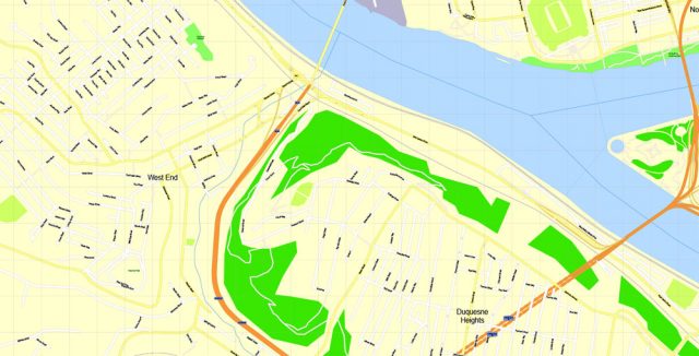Pittsburgh Printable Map, Pennsylvania, US, exact vector Map street G ...
