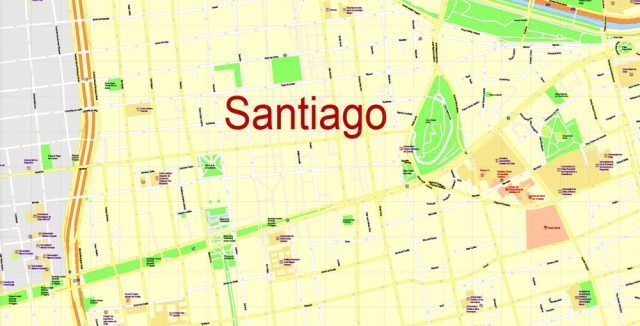 Santiago Printable Map, Chile, exact vector Map street G-View City Plan ...
