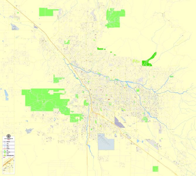Tucson PDF Map, Arizona, US, exact vector Map street G-View City Plan ...