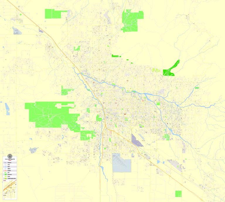 Tucson Printable Map, Arizona, US, exact vector Map street G-View City ...