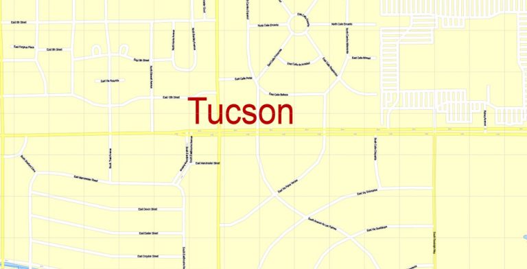 Tucson Printable Map, Arizona, US, exact vector Map street G-View City ...