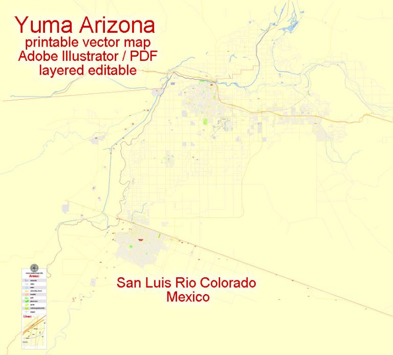 Yuma Printable Map, Arizona, US, exact vector Map street G-View City ...