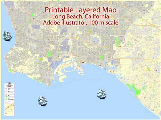 Long Beach Printable Map, California, US, exact vector Map street G ...