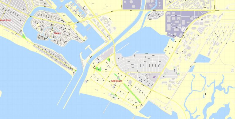 Long Beach Printable Map, California, US, exact vector Map street G-View City Plan Level 17 (100 ...
