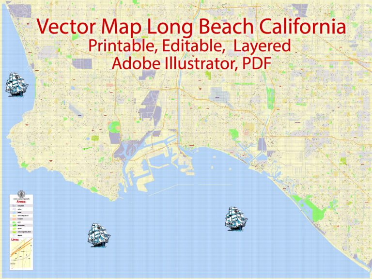 Long Beach Printable Map, California, US, exact vector Map G-View City Plan Level 17 (100 meters ...