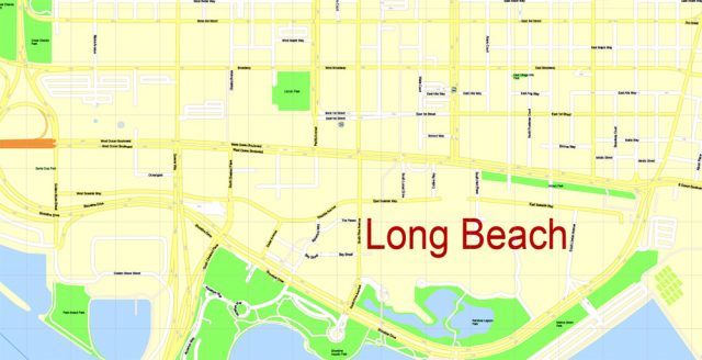 Long Beach Printable Map, California, US, exact vector Map G-View City ...