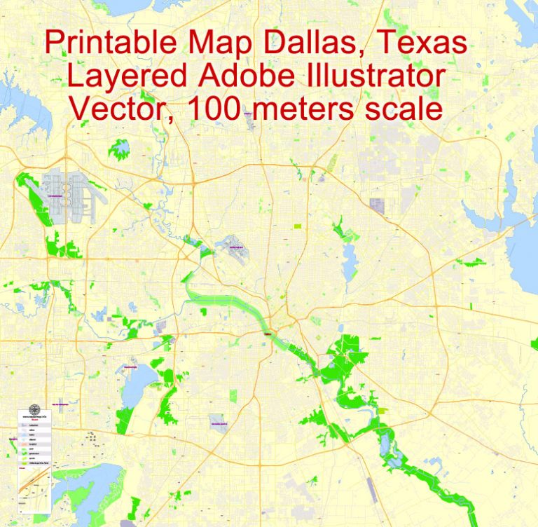 Dallas Printable Map, Texas, US, exact vector Map street G-View City ...