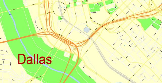 Dallas Printable Map, Texas, US, exact vector Map street G-View City ...