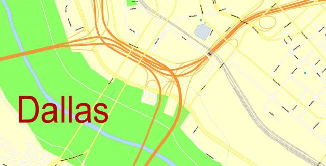 Dallas Printable Map, Texas, US, exact vector Map street G-View City ...