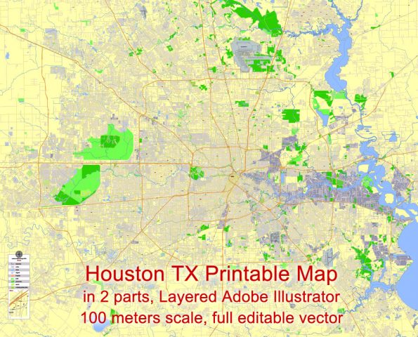Houston Printable Map, Texas, US, exact vector City Plan 100 meters ...