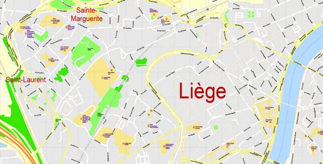 Liege Grande Area Printable Map, Belgium, exact vector street G-View ...