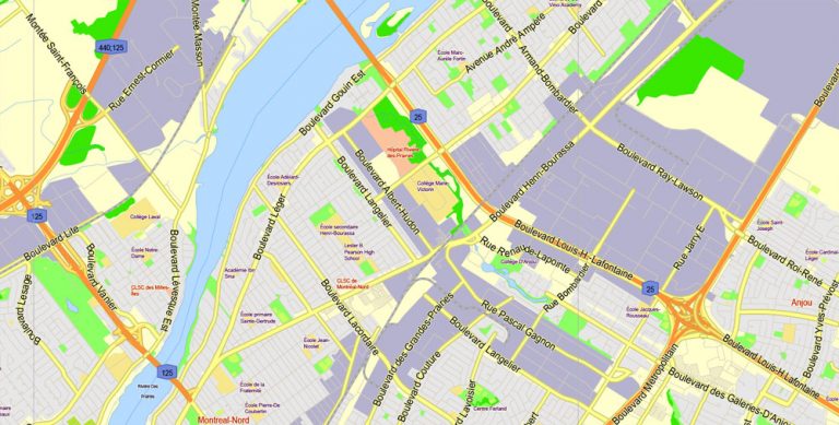 Montreal Grande Area Printable Map Canada, exact vector City Plan 2000 ...
