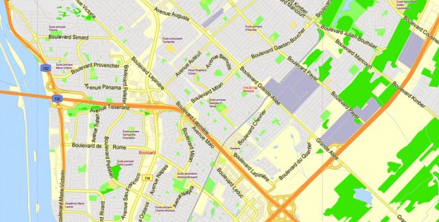 Montreal Grande Area Printable Map Canada, exact vector City Plan 2000 ...