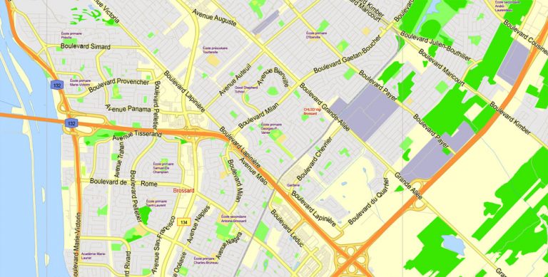 Montreal Grande Area Printable Map Canada, exact vector City Plan 2000 ...