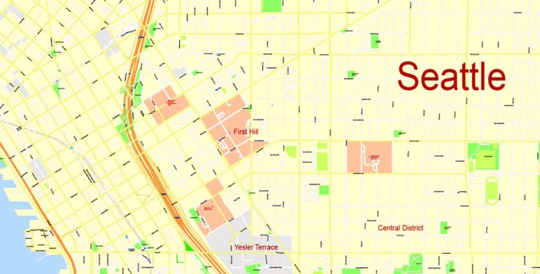 Seattle Printable Map, state Washington, US, exact vector City Plan ...
