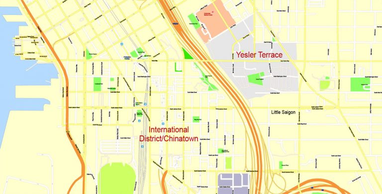 Seattle Printable Map, state Washington, US, exact vector City Plan ...