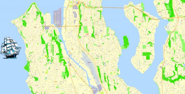 Seattle Printable Map, state Washington, US, exact vector City Plan ...