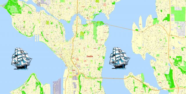 Seattle Printable Map, state Washington, US, exact vector City Plan ...